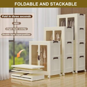 Portable Closet Wardrobe, Folding Storage Bins with Lid, Closet Organizers and Storage, Stackable Storage Box with Hanging Rod and Doors, Collapsible Plastic Clothes Cabinet with Wheels, 10 Hangers