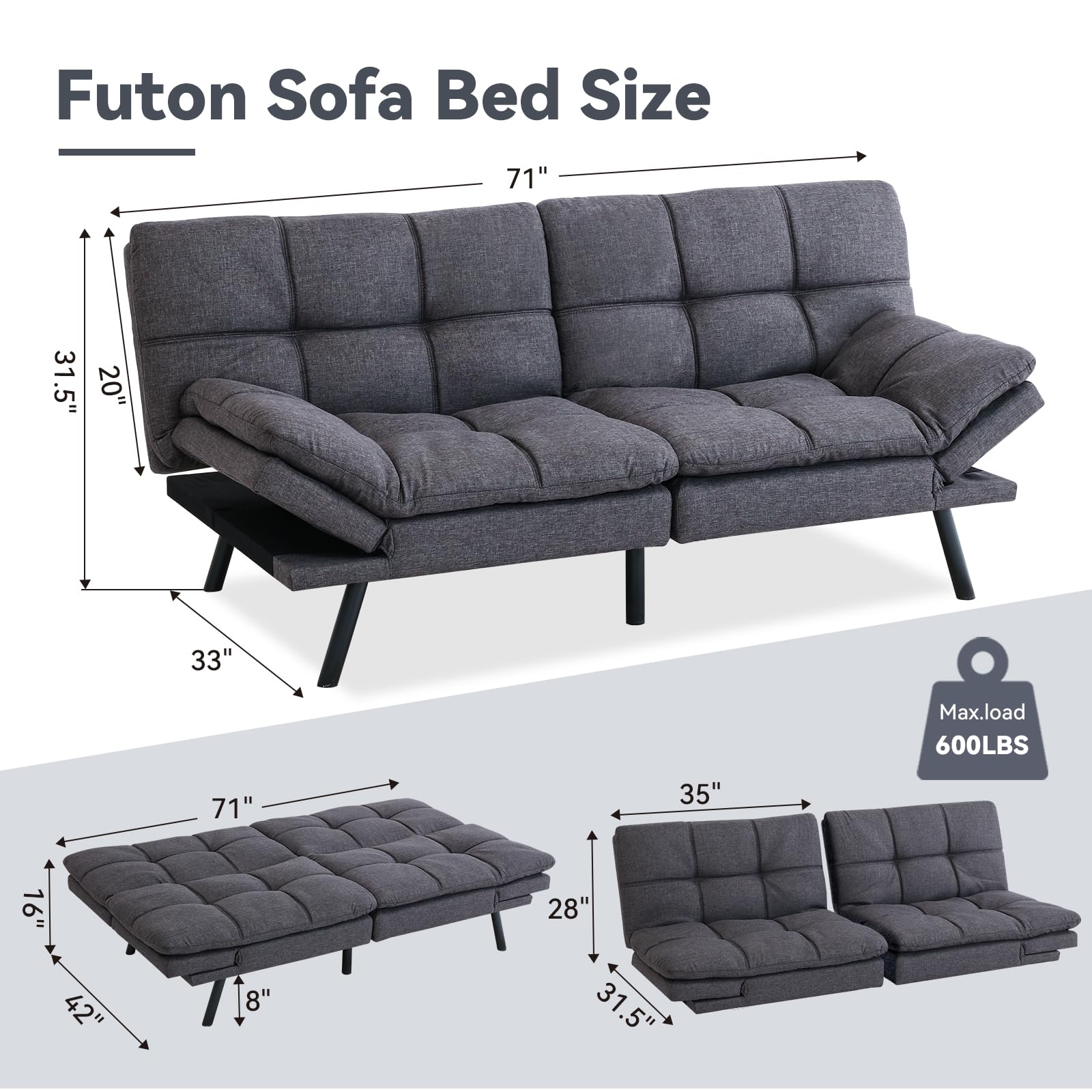 Erdoru Convertible Memory Foam Futon Sofa Bed Couch,Linen Fabric Futon Sofa Couch,Sleeper Futons Sofa Bed,Small Splitback Modern Loveseat Sofa Bed for Living Room,Office,Apartment,Deep Grey