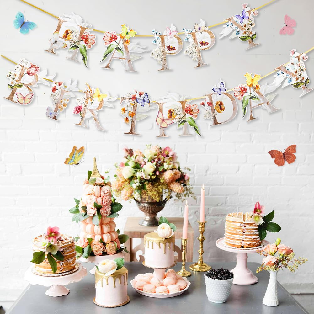 Flower Butterfly Happy Birthday Banner, Boho Groovy Floral and Butterflies Birthday Letters, Wildflower Butterfly Garden Party Decorations for 1st Sweet 16 21st 30th 40th 50th 60th 70th Birthday Party