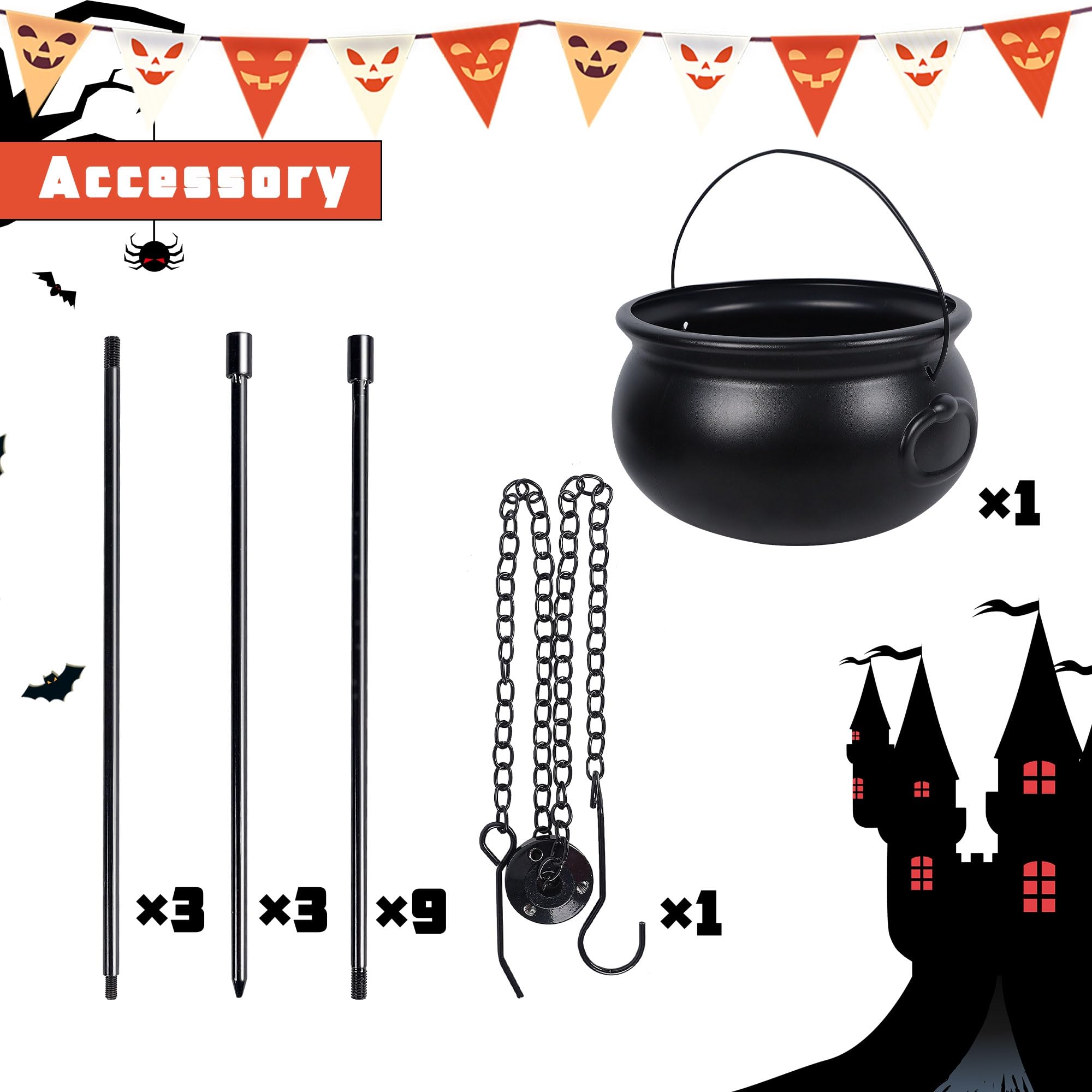 Treewoll 2.8FT H Halloween Witch Cauldron with Tripod Stand, Hanging Black Pot with Adjustable Chain Hook for Witches Games Props Haunted House Halloween Parties Indoor Outdoor Decorative Set