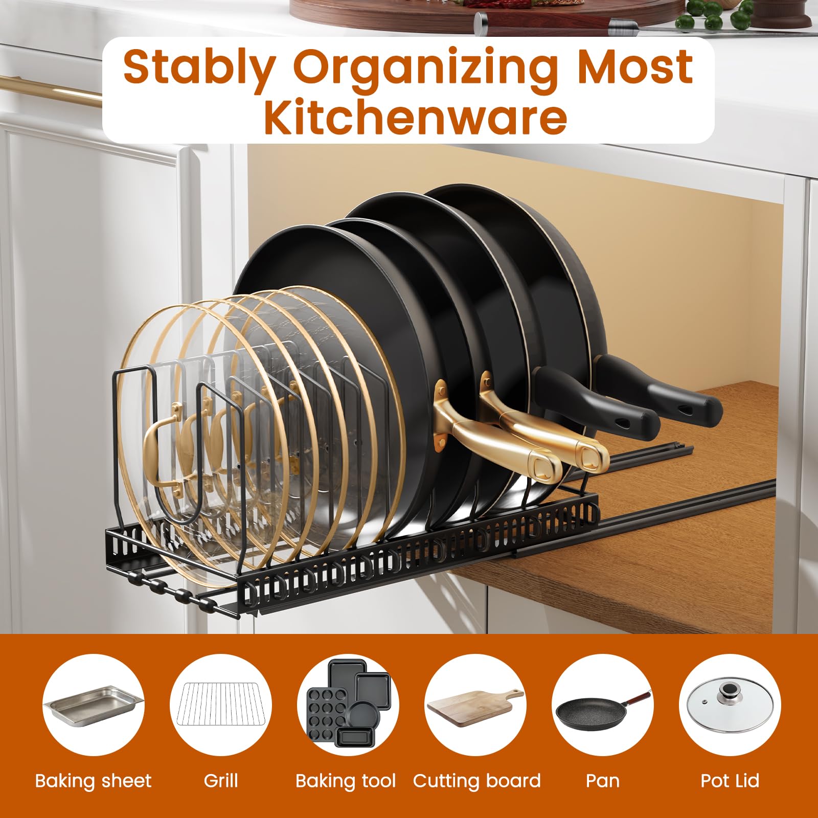 Housolution Pull Out Pot and Pan Organizer Rack for Under Cabinet, Slide Out Pot Lid Organizer Holder with 10 Adjustable Dividers, Sliding Pot and Pan Storage Organizer Inside Cabinet, Black