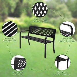 VINGLI Outdoor Bench Garden Bench, Metal Porch Bench w/PVC Back, Black Outdoor Bench Park Bench for Yard Lawn Decor Deck Entryway