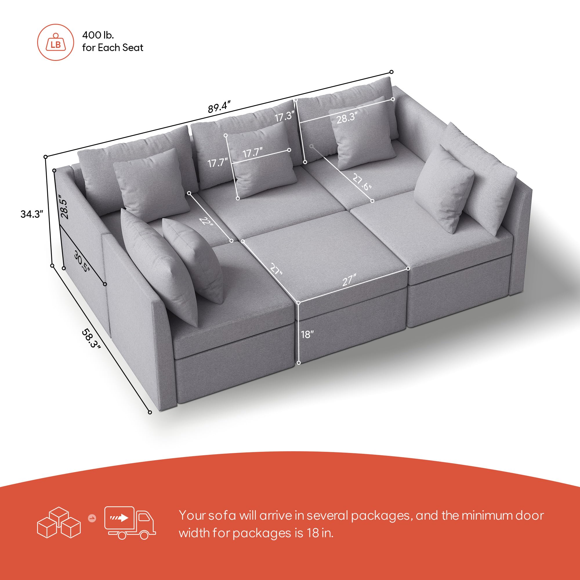 VOLUNCE Modular Sectional Sofa, Sectional Sleeper Sofa Bed with Storage Ottoman Throw Pillow, 5 Seat Sofa Set with Reversible Chaise, Convertible L Shaped Couch Sofa for Living Room, Light Gray