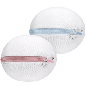 cobee large bra washing bags for laundry, 2 pack ball shape mesh wash bag for bras with zipper, women lingerie bags for washing machine/washer(pink and blue)