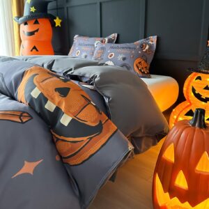 Halloween Duvet Cover Set Twin Size 3 Pieces with 2 Pillow Shams - Gray Halloween Pumpkin Festival Themed Bedding Set with Broom Tombstone Skeleton for Kids Boys Girls Teens Bedroom Decor