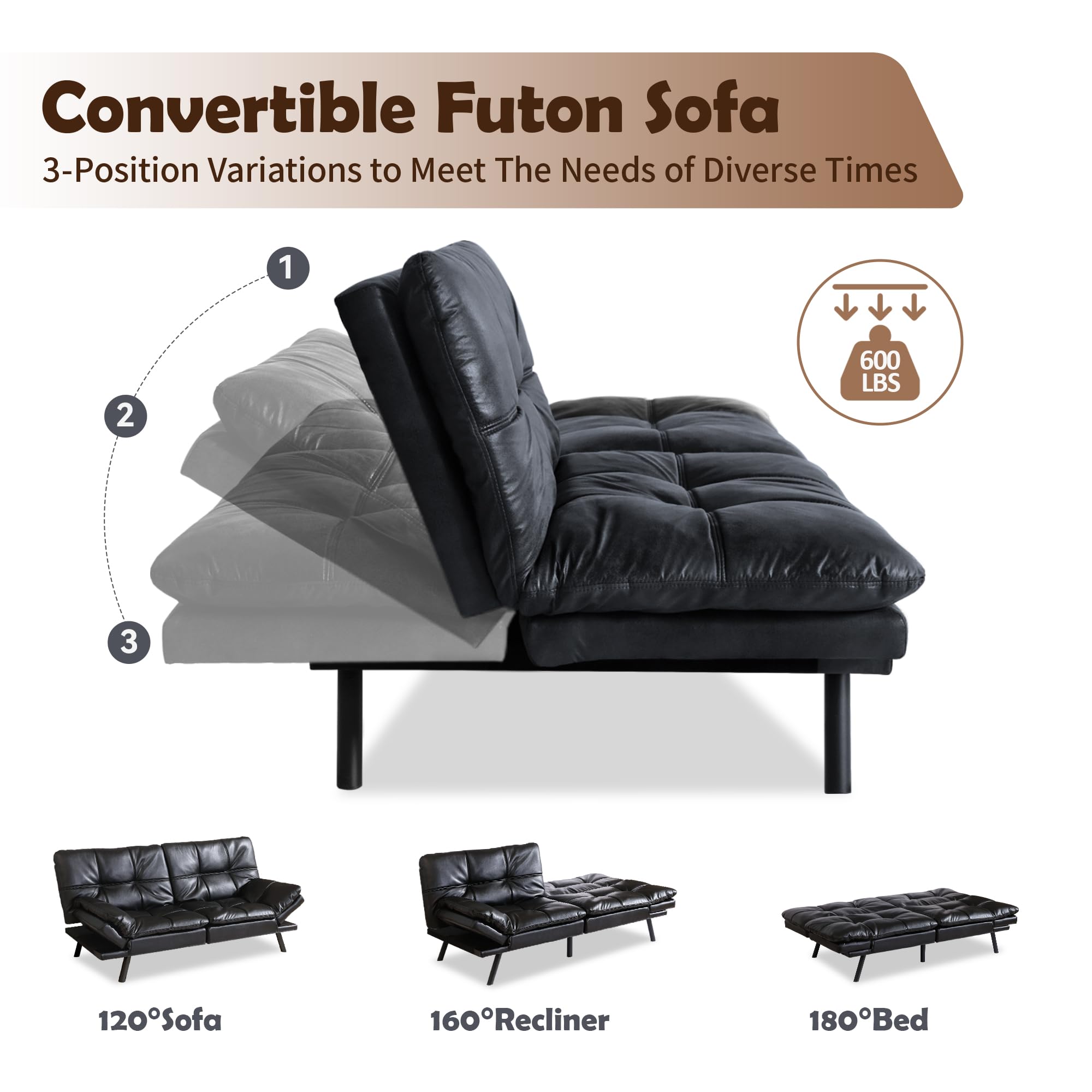 Erdoru Futon Sofa Bed, Memory Foam Futon Sleeper Sofa Loveseat Convertible Couch Bed for Small Compact Living Spaces,Apartment,Black Leather