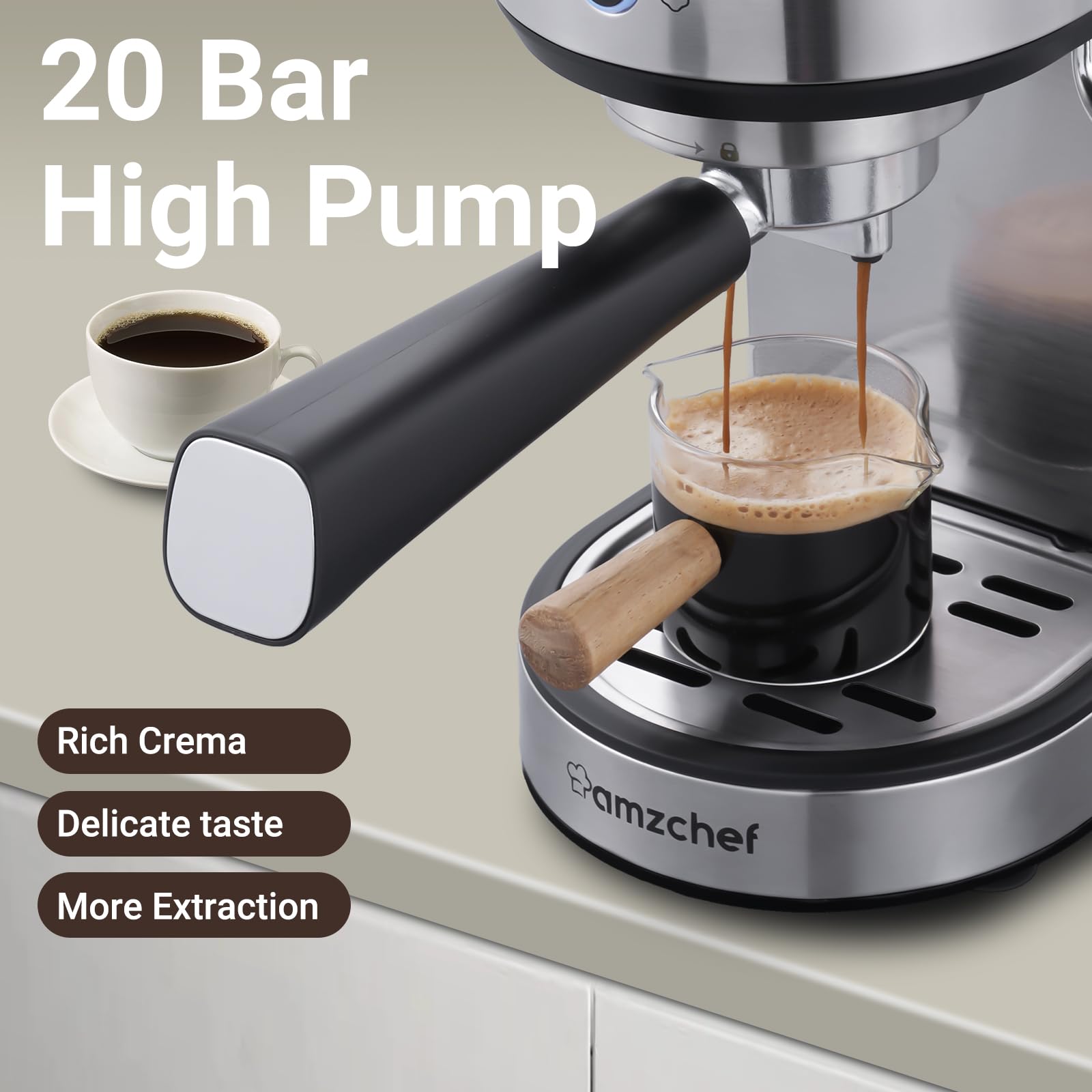 amzchef Espresso Machine with 20 Bar, Professional Espresso Maker with Milk Cream/Steam Stick, Compact Stainless Steel Coffee Machines, 34oz Household Detachable Water tank, Gift for Dad or Mom