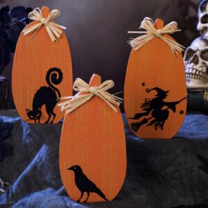 wonderjune 3 pcs vintage halloween decorations,halloween wooden pumpkin table sign halloween classic black cat witch pumpkin table centerpieces for halloween party decor pumpkin table centerpieces