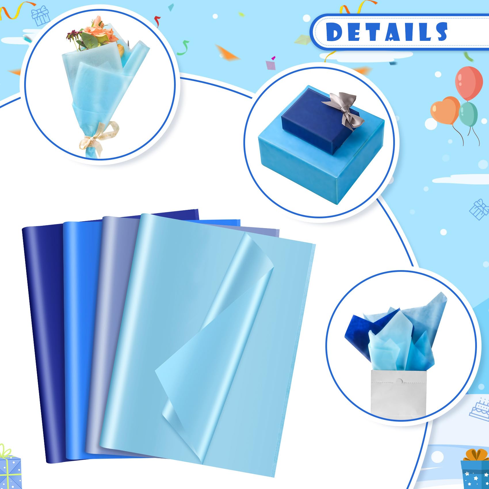 Hlonon 100 Sheets Blue Tissue Paper Bulk for Gift Bags, 20x12 Inches Tissue Paper Wrapping Paper Christmas Weddings Birthday Showers Arts Craft Party Favor Decoration