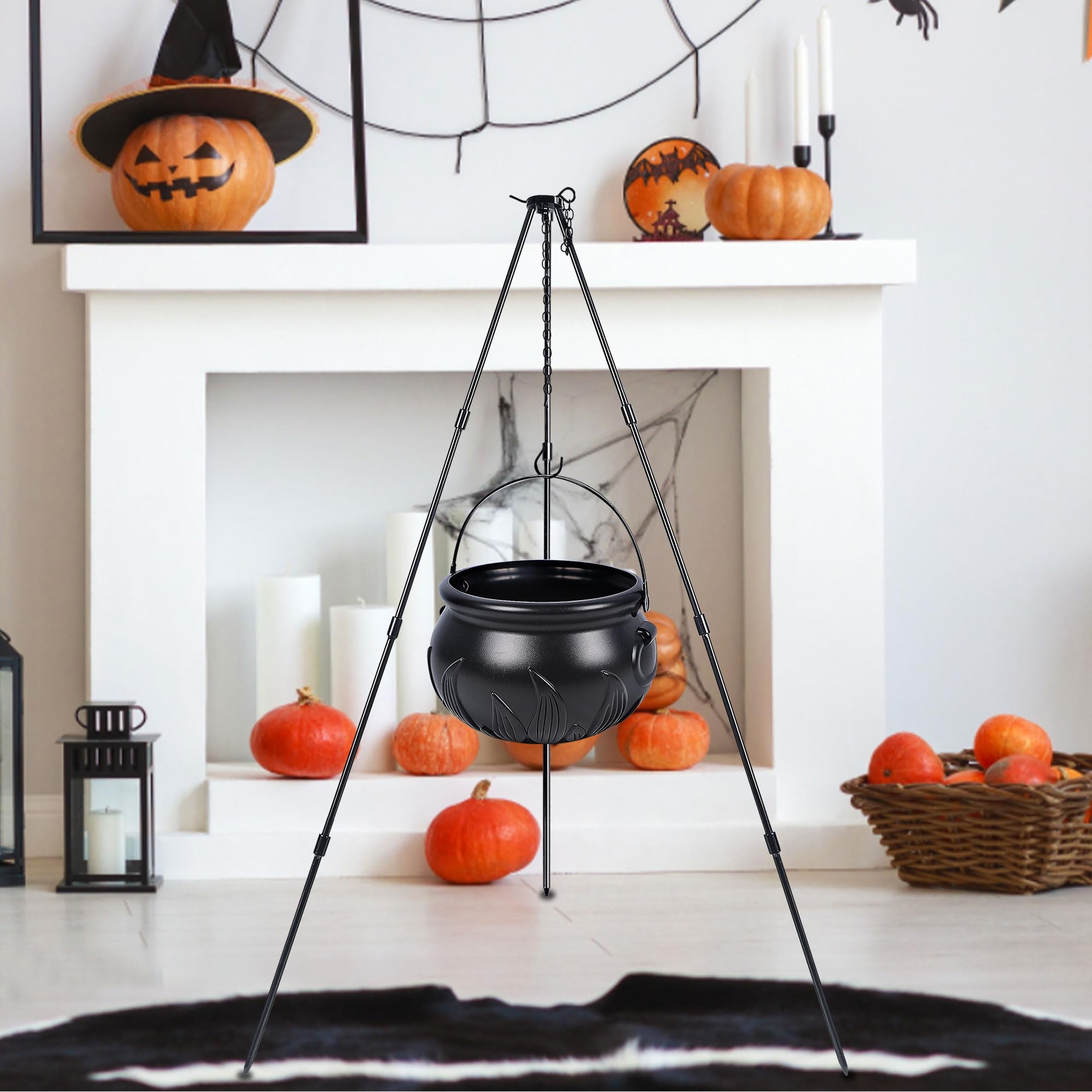 Treewoll 2.8FT H Halloween Witch Cauldron with Tripod Stand, Hanging Black Pot with Adjustable Chain Hook for Witches Games Props Haunted House Halloween Parties Indoor Outdoor Decorative Set