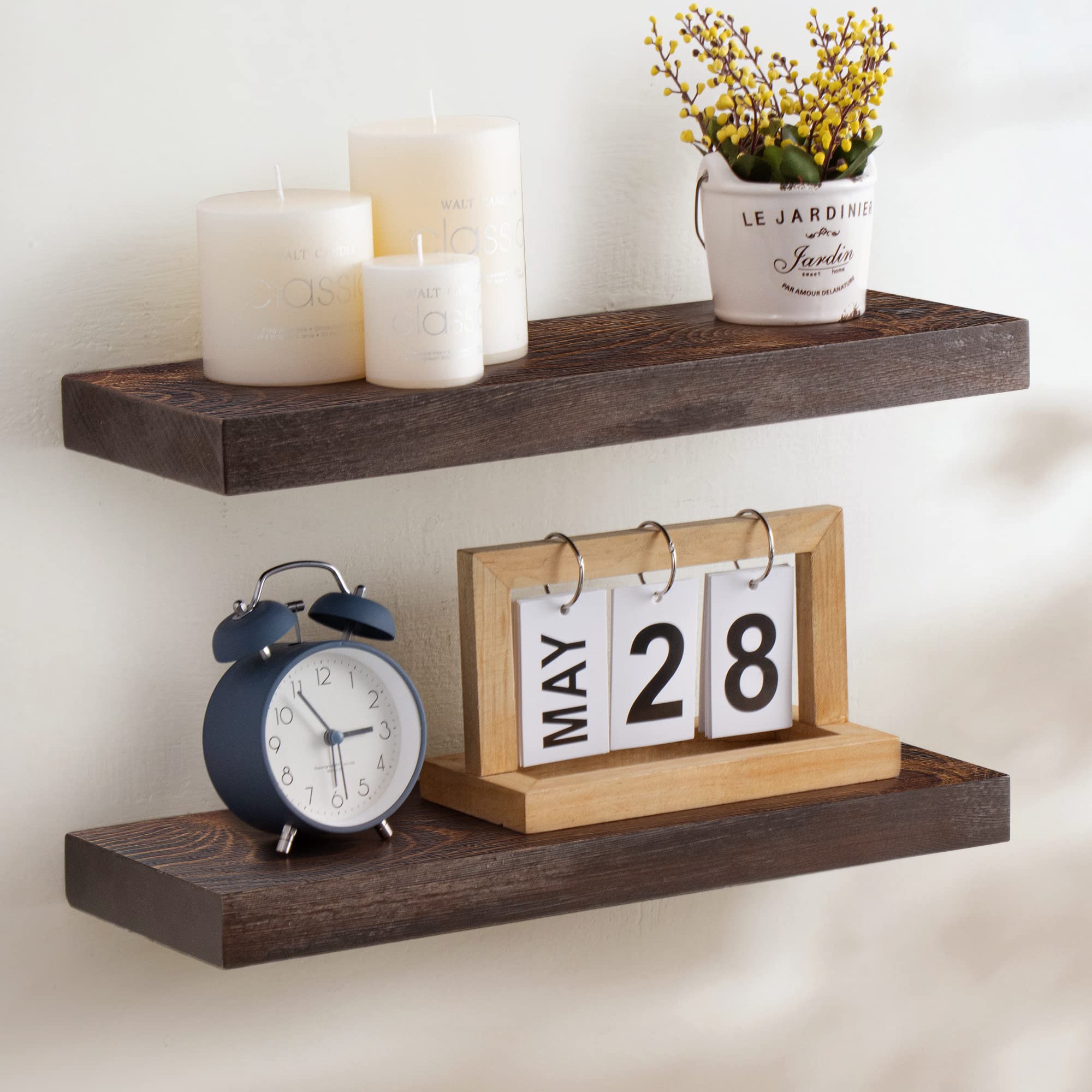 Fun Memories Handcrafted European Pine Floating Shelves Wall Mounted Set of 2 - Natural Rustic Wooden Wall Shelf - Storage Shelf for Living Room Farmhouse - Dark Walnut - 16Inch