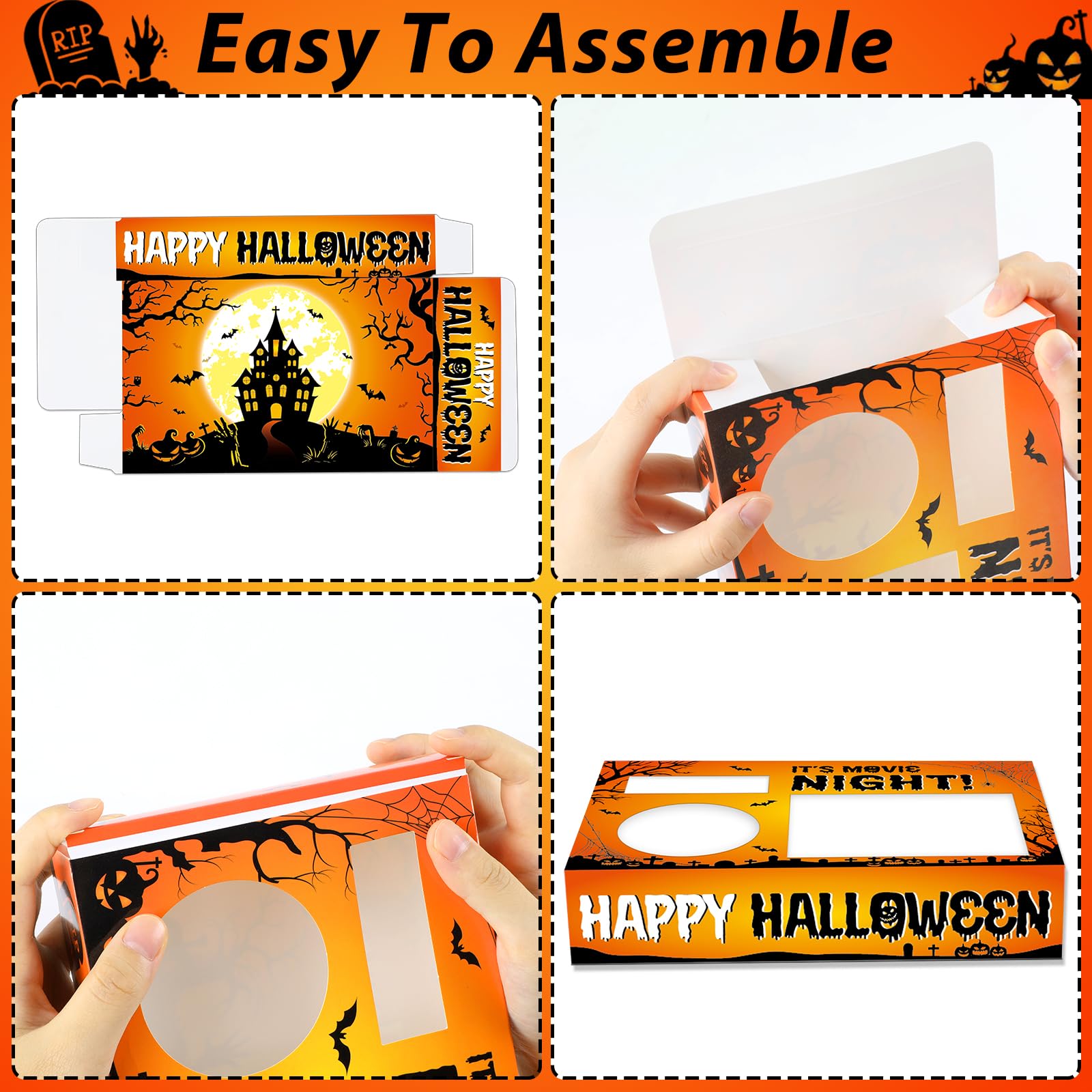 QOUBAI 32Pcs Halloween Party Supplies Movie Night Paper Snacks Boxes Halloween Movie Theater Snack Tray Party Decorations Movie Popcorn Drink Holder Set for Halloween Birthday Trick or Treat Party