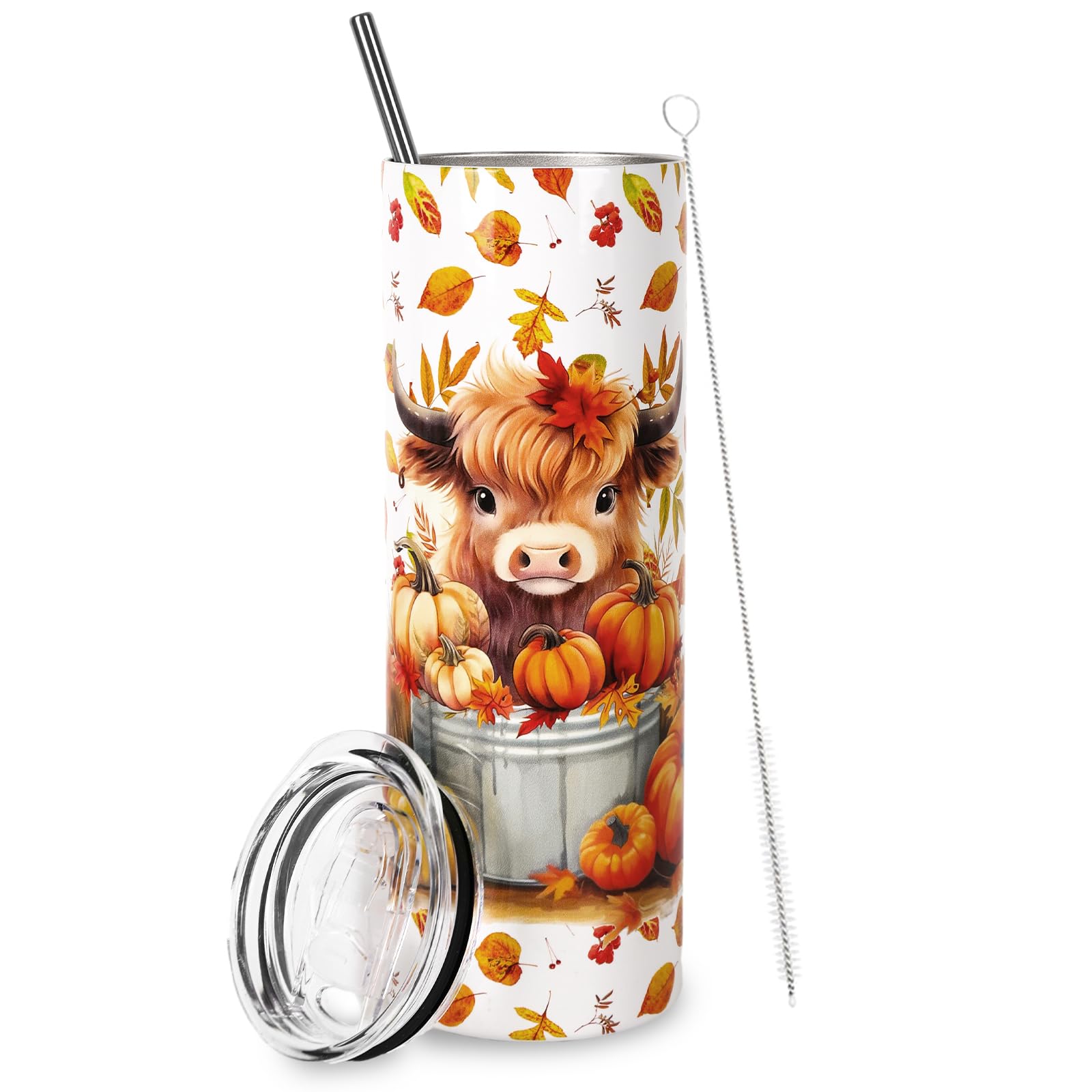 Whaline Highland Cow Tumbler with Lid and Straw Fall Pumpkin Leaves Cow Stainless Steel Cup Autumn Tumbler Cup for Fall Thanksgiving Decor Gift Supplies