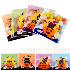 hilopack 4"x4" halloween treat bags - 50 pcs self adhesive cookie bags halloween candy bags halloween trick or treat goodie bags for halloween party favor supplies decorations (clear)