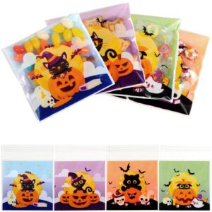 hilopack 4"x4" halloween goodie bags, 50pcs self adhesive cookie bags halloween treat bags trick or treat cellophane candy bags for halloween party favor supplies (party bags)