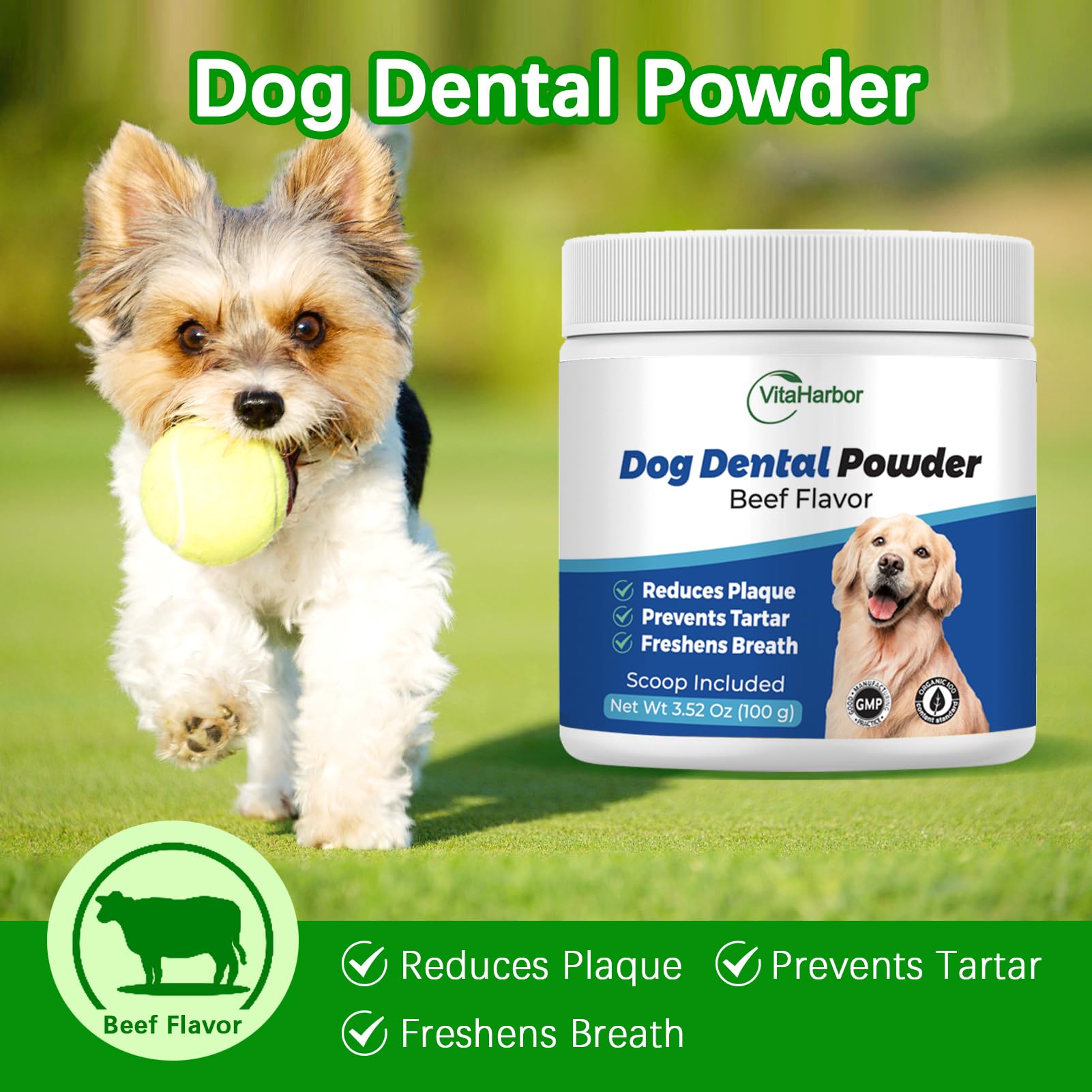 Dog Teeth Cleaning Powder, Dog Dental Powder, Dog Plaque and Tartar Remover Dog Breath Freshener, for Mouth, Teeth and Gum Health, Reduce 90% Dental Problems, Beef Flavor (100g)