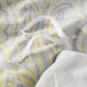 Cotton Sateen Printed Duvet Cover Set Queen 90" x 92" with 2 Pillow Shams 20" x 26" Double Sided, Yellow/Grey