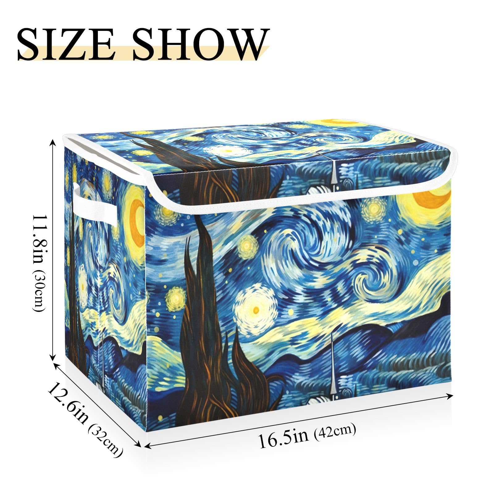 KJIZMO Starry Night Van Gogh Storage Bin with Lid and Handle, Collapsible Organizer Basket for Toys, Laundry, Closet, Bedroom - 16.5x12.6x11.8 In