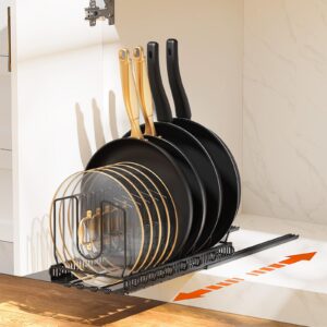 housolution pull out pot and pan organizer rack for under cabinet, slide out pot lid organizer holder with 10 adjustable dividers, sliding pot and pan storage organizer inside cabinet, black