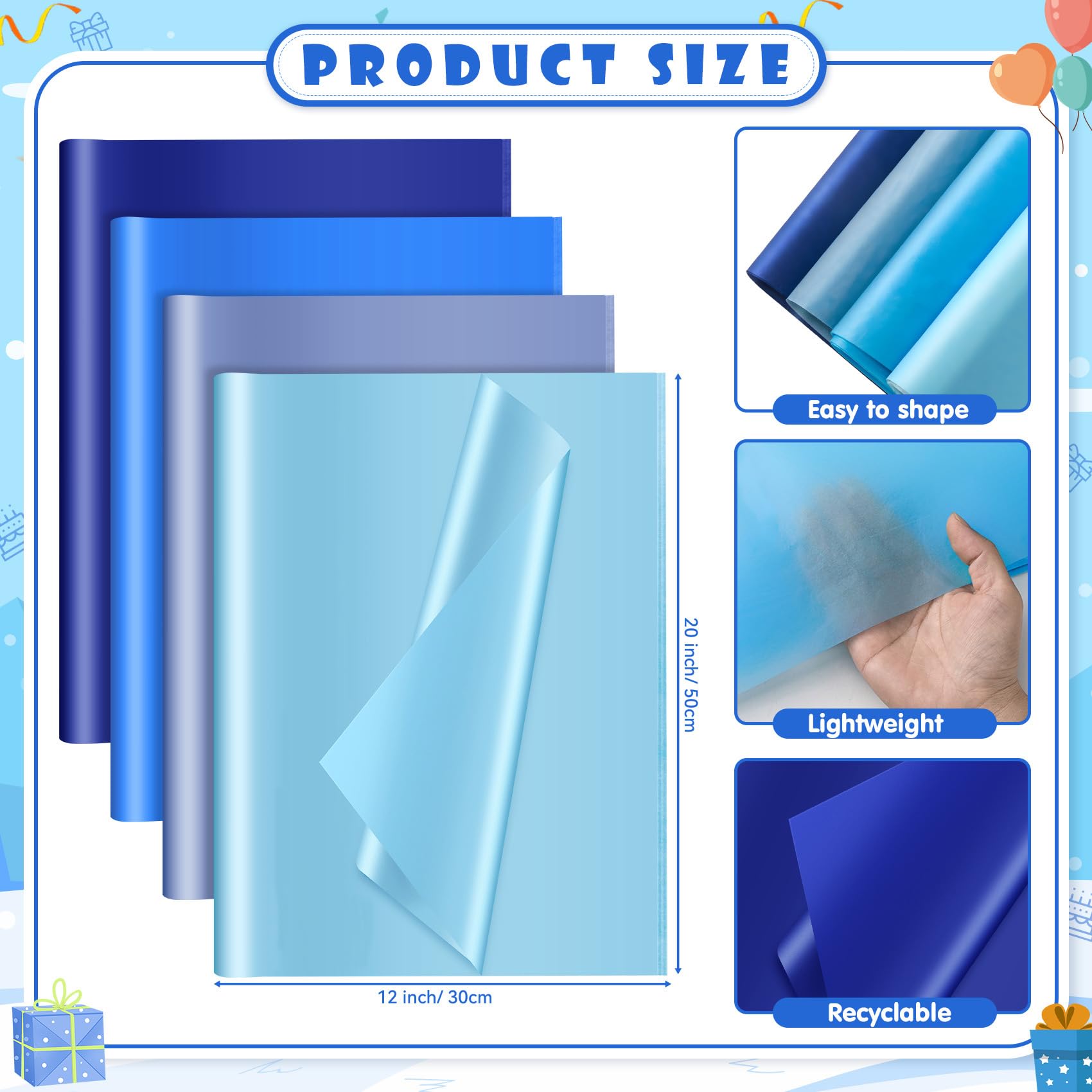 Hlonon 100 Sheets Blue Tissue Paper Bulk for Gift Bags, 20x12 Inches Tissue Paper Wrapping Paper Christmas Weddings Birthday Showers Arts Craft Party Favor Decoration