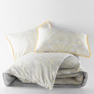 Cotton Sateen Printed Duvet Cover Set Queen 90" x 92" with 2 Pillow Shams 20" x 26" Double Sided, Yellow/Grey