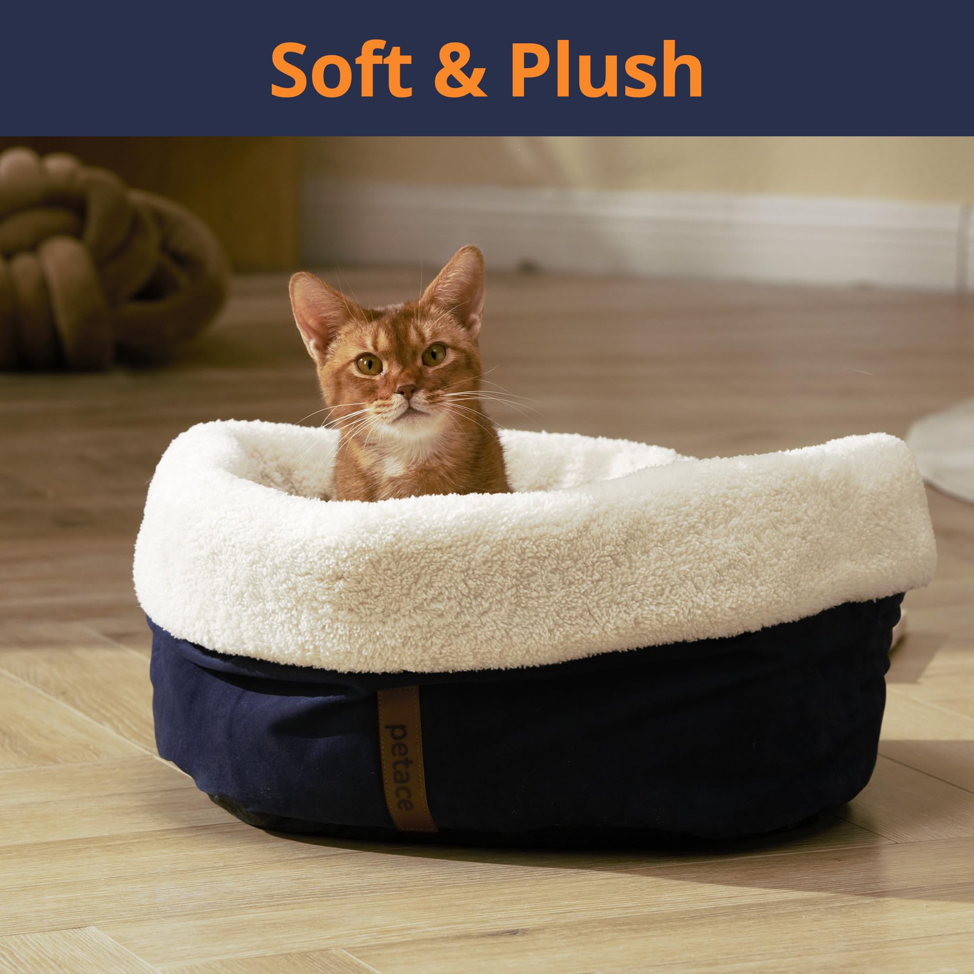 Petace Self Warming Cat Bed, 17.7" x 13.7" Anti-Slip Soft Round Thermal Pet Cushion Bed for Kittens & Small Puppy, Blue