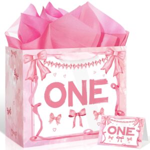 pink bow one birthday decoration for girls large bow pink one baby shower bag hot pink bow 1st birthday gift bags with wrapping paper card for kids gender reveal christmas birthday party supplies