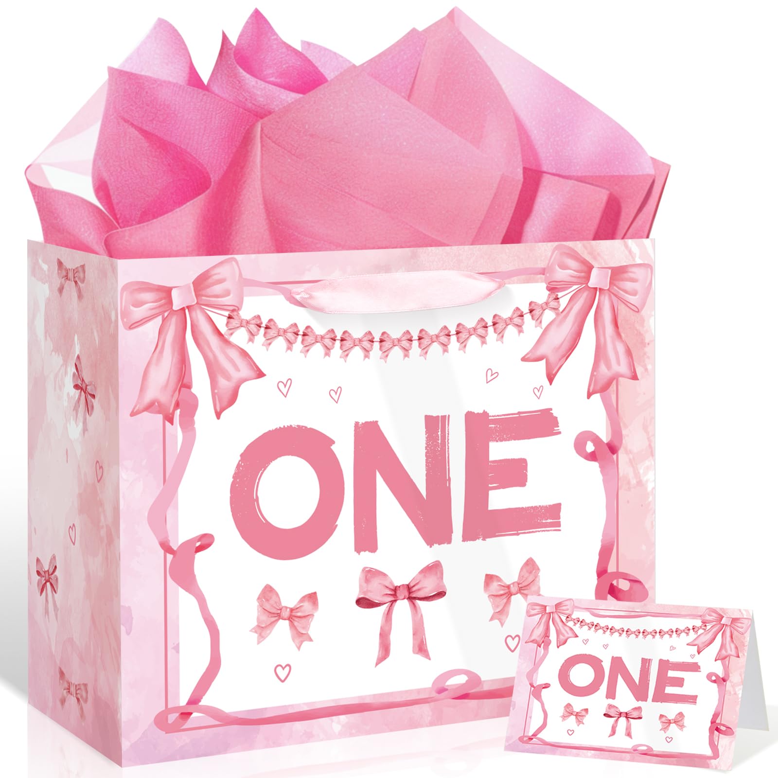 Pink Bow One Birthday Decoration for Girls Large Bow Pink One Baby Shower Bag Hot Pink Bow 1st Birthday Gift Bags with Wrapping Paper Card for Kids Gender Reveal Christmas Birthday Party Supplies