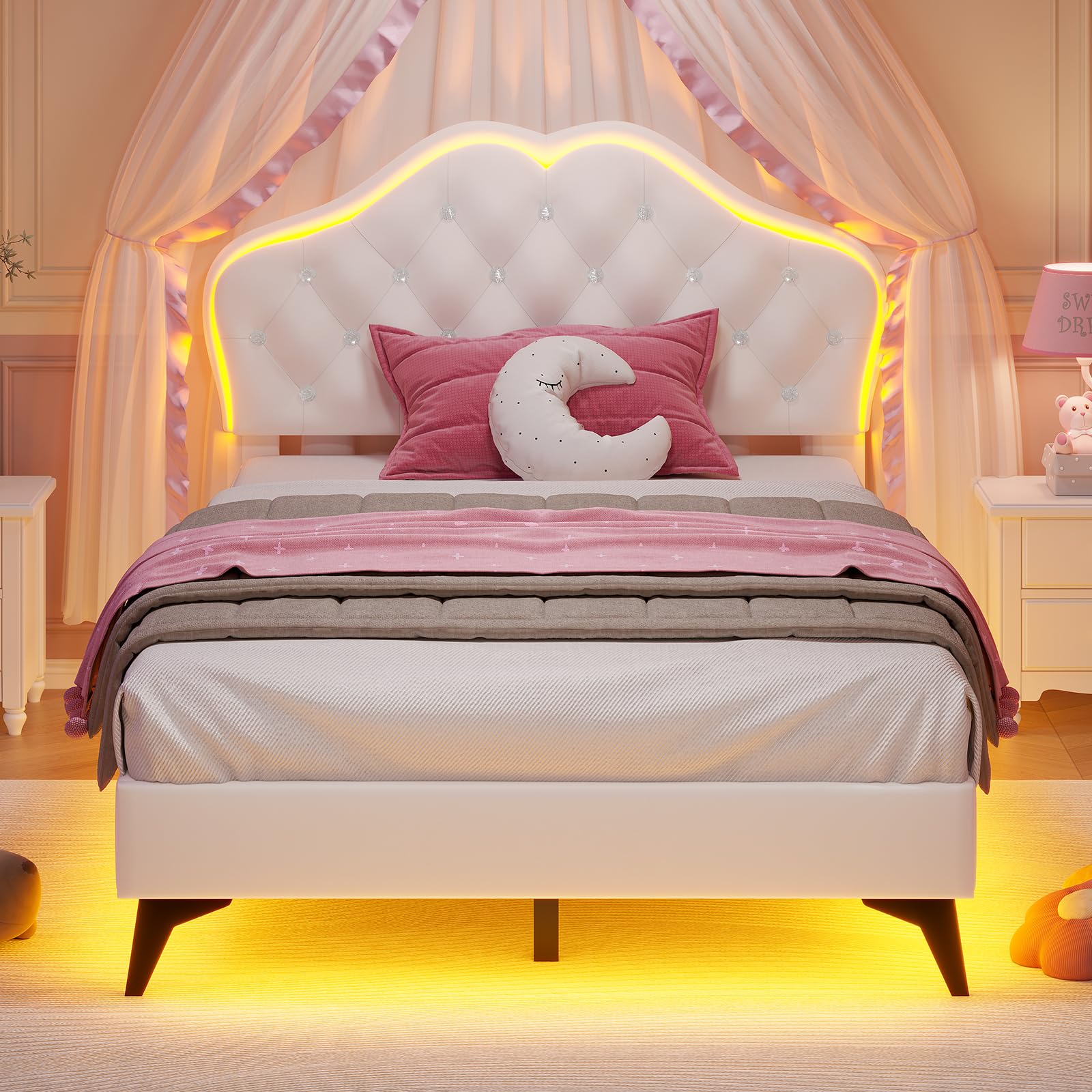 ADORNEVE Twin Bed Frame with RGB LED Lights, Princess Bed Frame with Adjustable Crystal Button Headboard, Velet Upholstered Platform Bed for Girls, Solid Wooden Slats, Easy Assembly, Creamy White