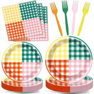 lonfliness 96 pcs camp gingham paper plates and napkins gingham checkered bachelorette party supplies gingham birthday tableware set plaid camping themed summer party favors baby bridal shower decor