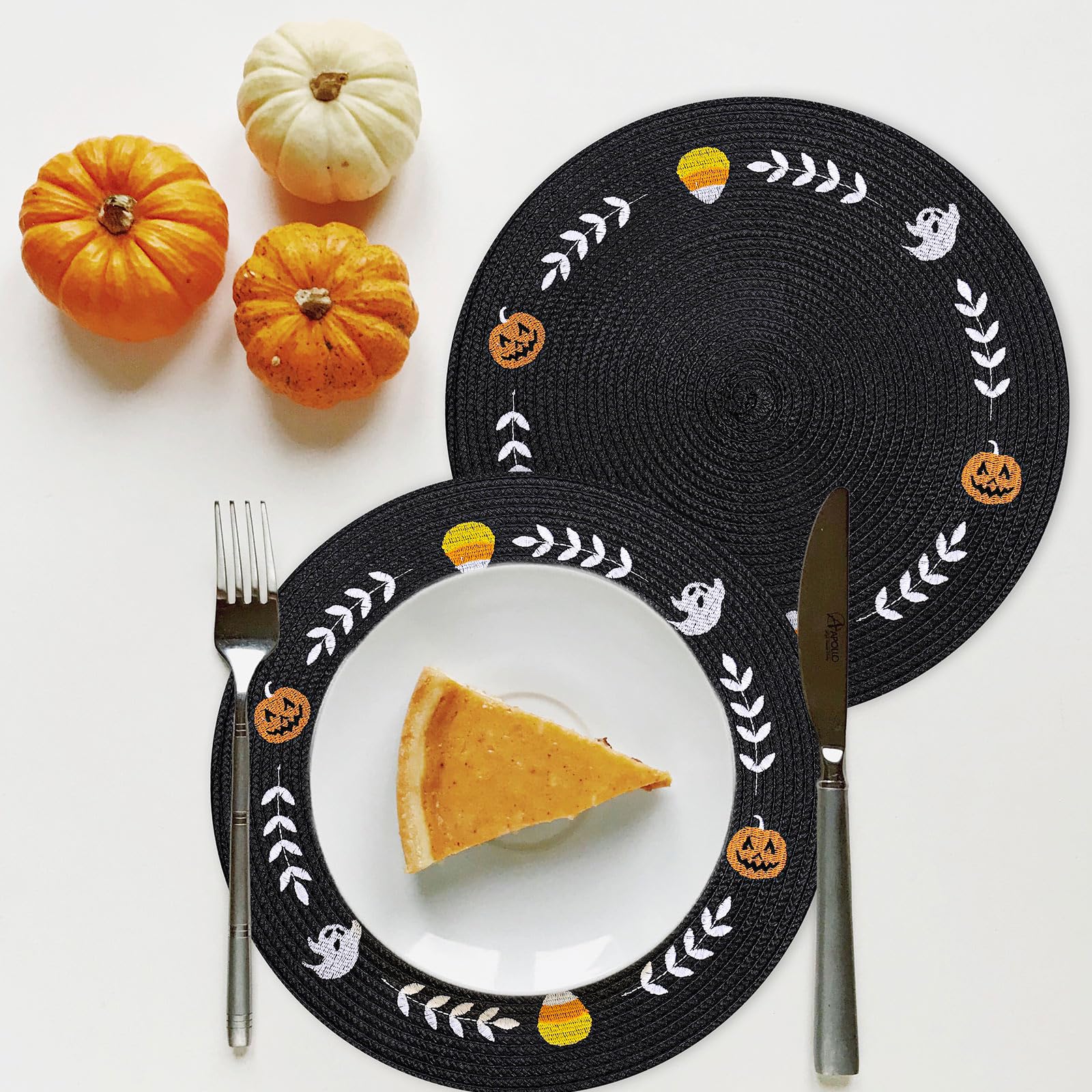 Whaline 4Pcs Round Halloween Placemats Embroidered Ghost Pumpkin Candy Corn Place Mats Black Spooky Dinner Table Mats for Halloween Party Decor