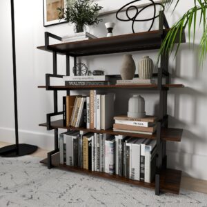 JOIN IRON 4-Tier Modern Industrial Ladder Bookshelf, Rustic Wood and Metal Shelving Unit with Ample Storage, Sturdy Display Rack for Home, Office, and Living Room Decor