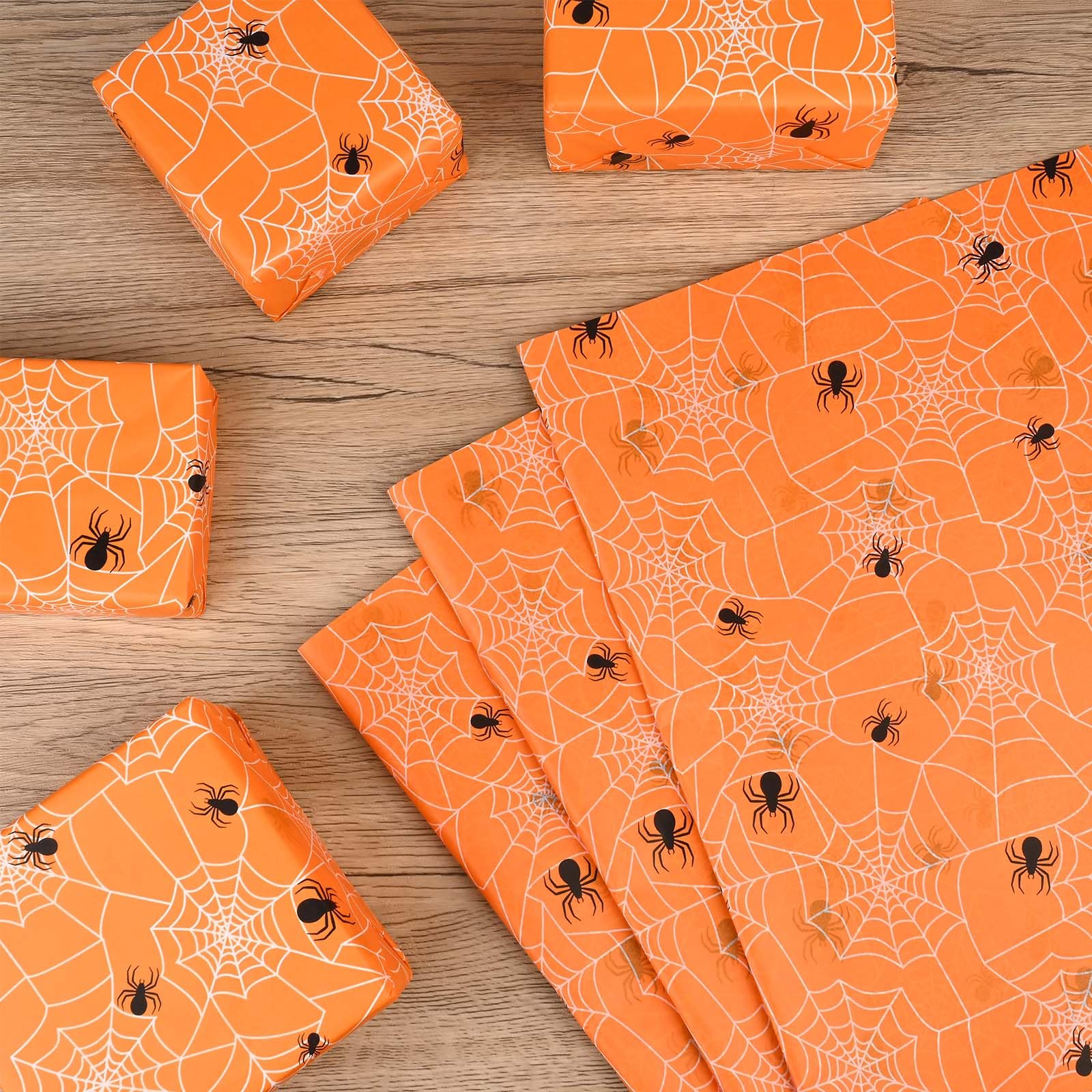 Bolsome 100 Sheets Halloween Tissue Paper for Gift Wrapping Orange Black Spider Web Printed Tissue Paper for Gift Bags Spooky Design Decorative Tissue for Halloween Party DIY Craft