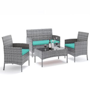 vonzoy patio furniture set 4 pieces small, belcony furniture outdoor wicker patio conversation set for backyard,porch, deck,garden,poolside and balcony (turquoise)