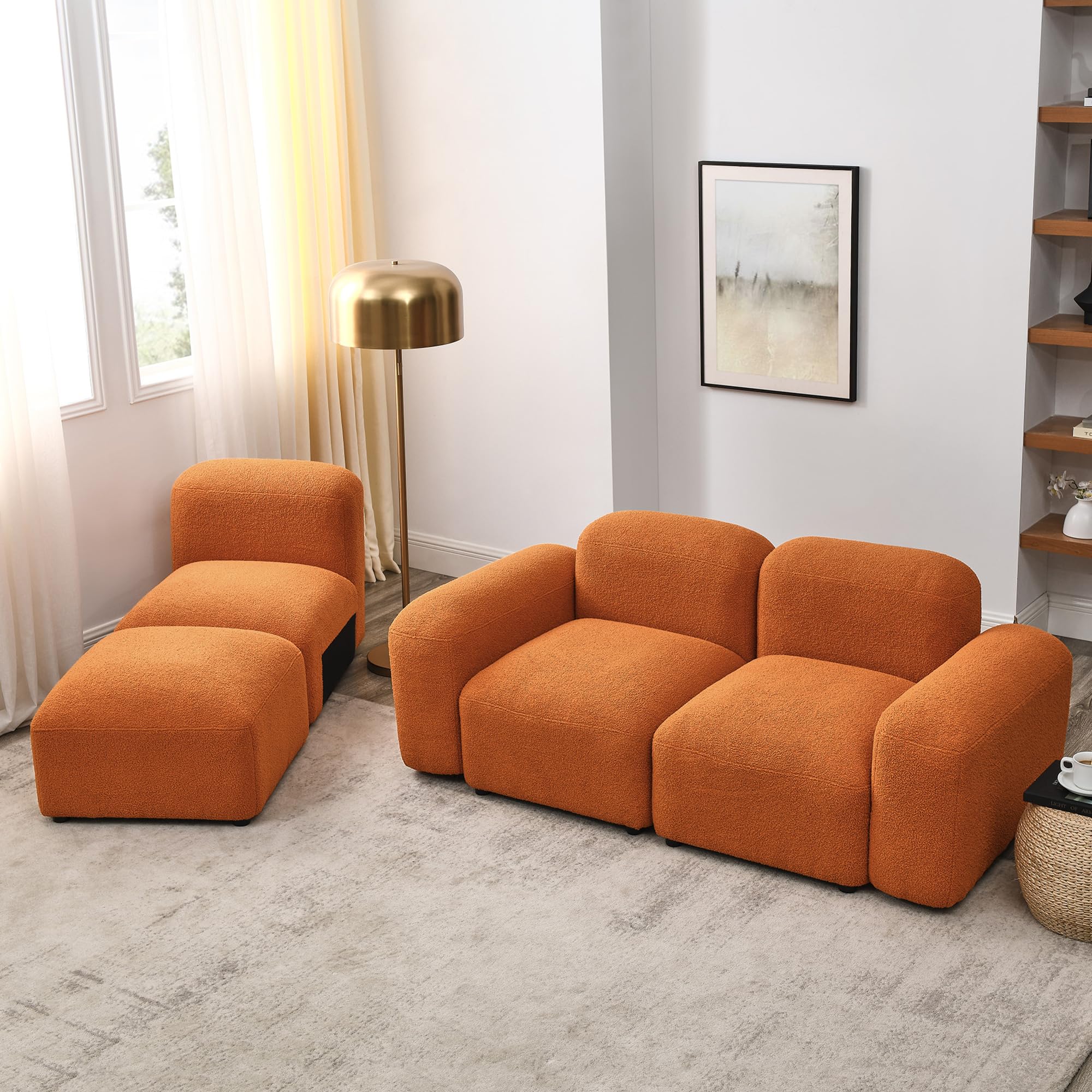 VEPXXP 94” Modular Sectional Sofa with Ottoman Modern Teddy Fleece 3 Seater Cloud Couch L Shaped Sofa Couch for Living Room, Office, Apartment, Orange