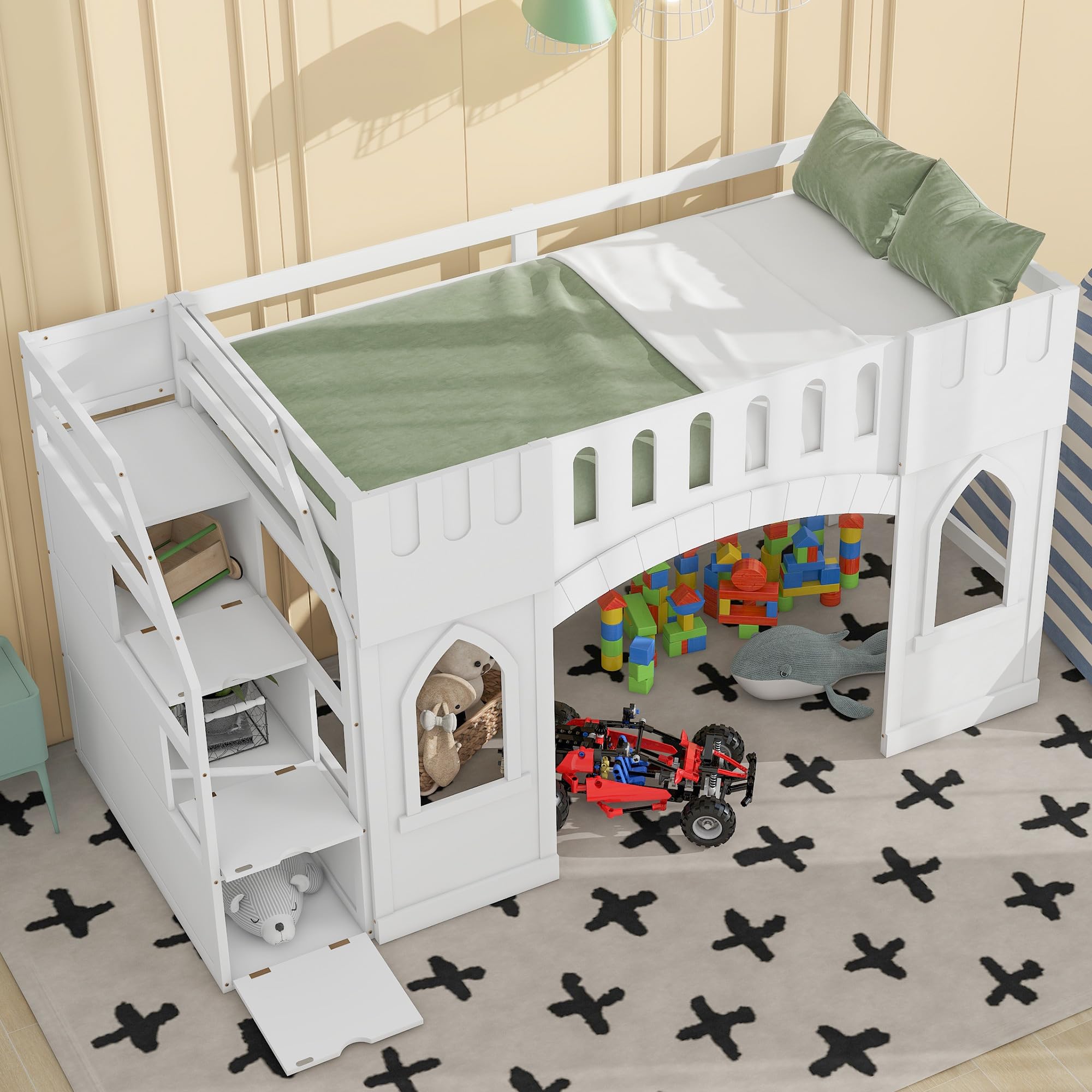 Linique Twin Size Loft Bed with Storage Staircase and 2 Window,Castle Playful Design Twin Loft Bed Frame with Space for Fun,White