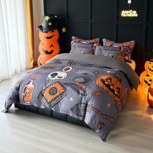 Halloween Duvet Cover Set Twin Size 3 Pieces with 2 Pillow Shams - Gray Halloween Pumpkin Festival Themed Bedding Set with Broom Tombstone Skeleton for Kids Boys Girls Teens Bedroom Decor