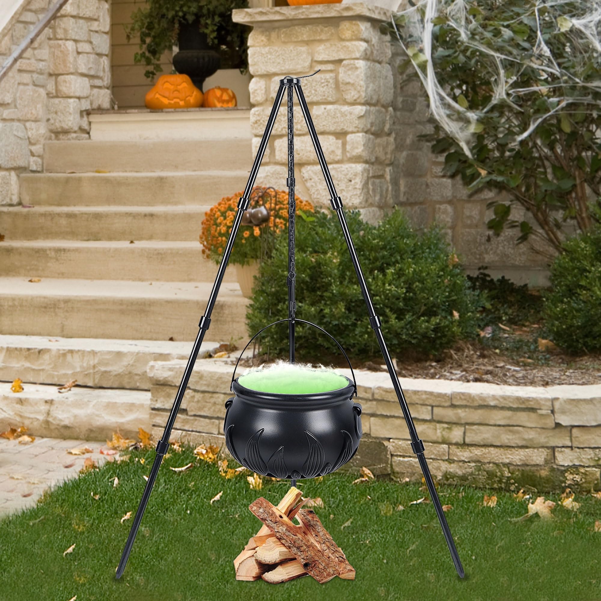 Treewoll 2.8FT H Halloween Witch Cauldron with Tripod Stand, Hanging Black Pot with Adjustable Chain Hook for Witches Games Props Haunted House Halloween Parties Indoor Outdoor Decorative Set