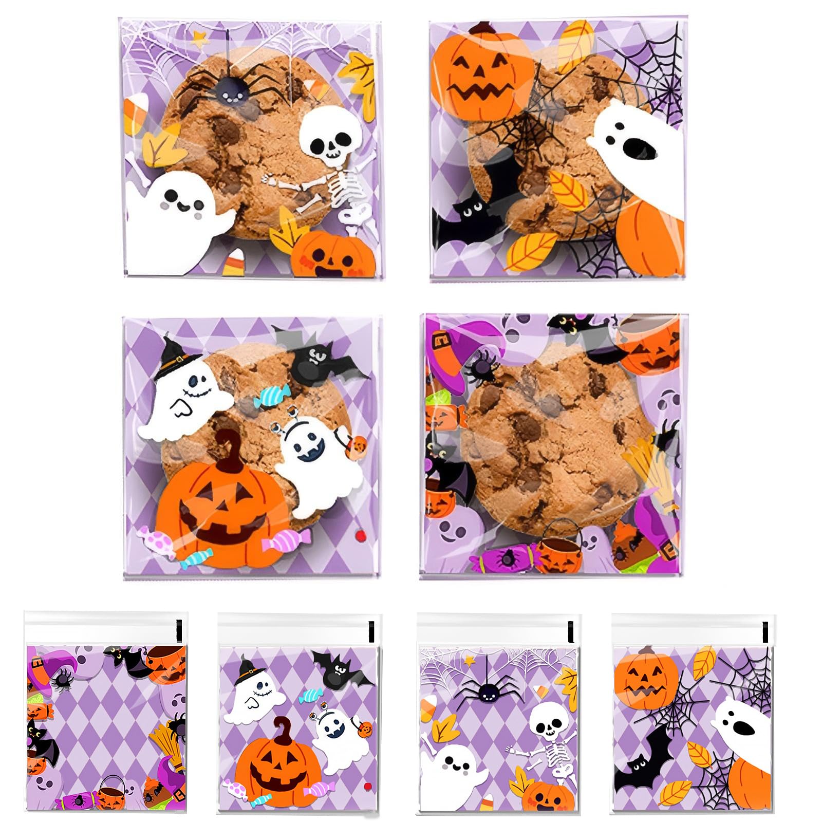 Wocuz Halloween Cellophane Bags Biscuit Roasting Treat Bags Individual Wrappers Self Adhesive OPP Cookie Bakery Present Gift DIY Candy Decorating Favor Bags (4x4 Inch, 200Pcs)