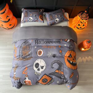 Halloween Duvet Cover Set Twin Size 3 Pieces with 2 Pillow Shams - Gray Halloween Pumpkin Festival Themed Bedding Set with Broom Tombstone Skeleton for Kids Boys Girls Teens Bedroom Decor