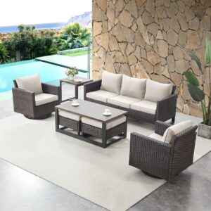 hummuh 7 piece patio furniture set pe wicker outdoor couch,patio swivel rocker chairs and ottomans tables for porch,garden,backyard