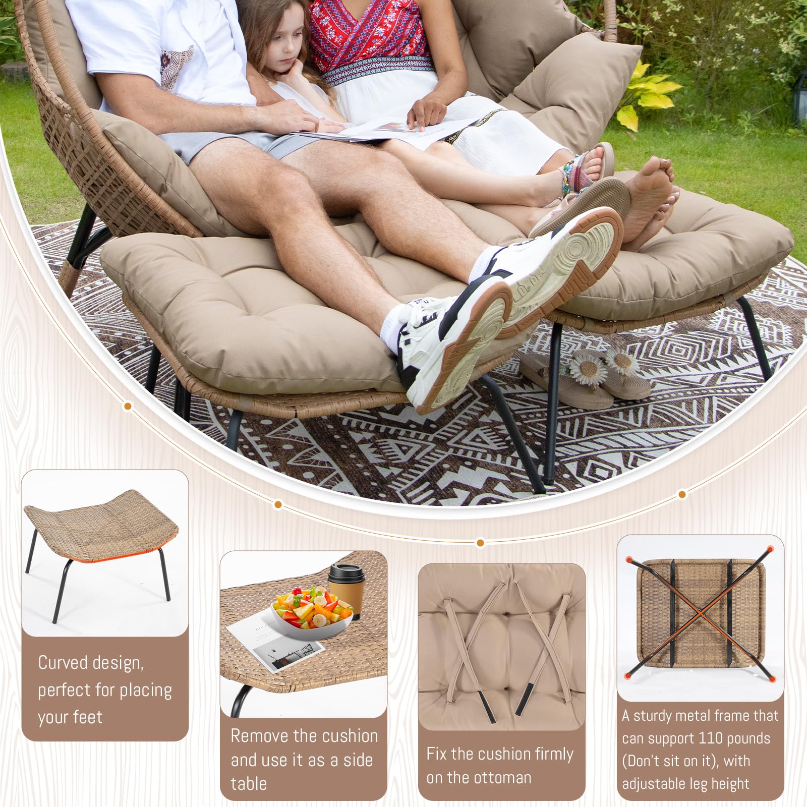 BULEXYARD Double PE Wicker Stationary Egg Chair with Legs Patio 2 Person Loveseat Chair Indoor Outdoor Oversized PE Rattan Lounge Chair for Garden Balcony (Brown/Brown, Double Egg Chair with Ottoman)