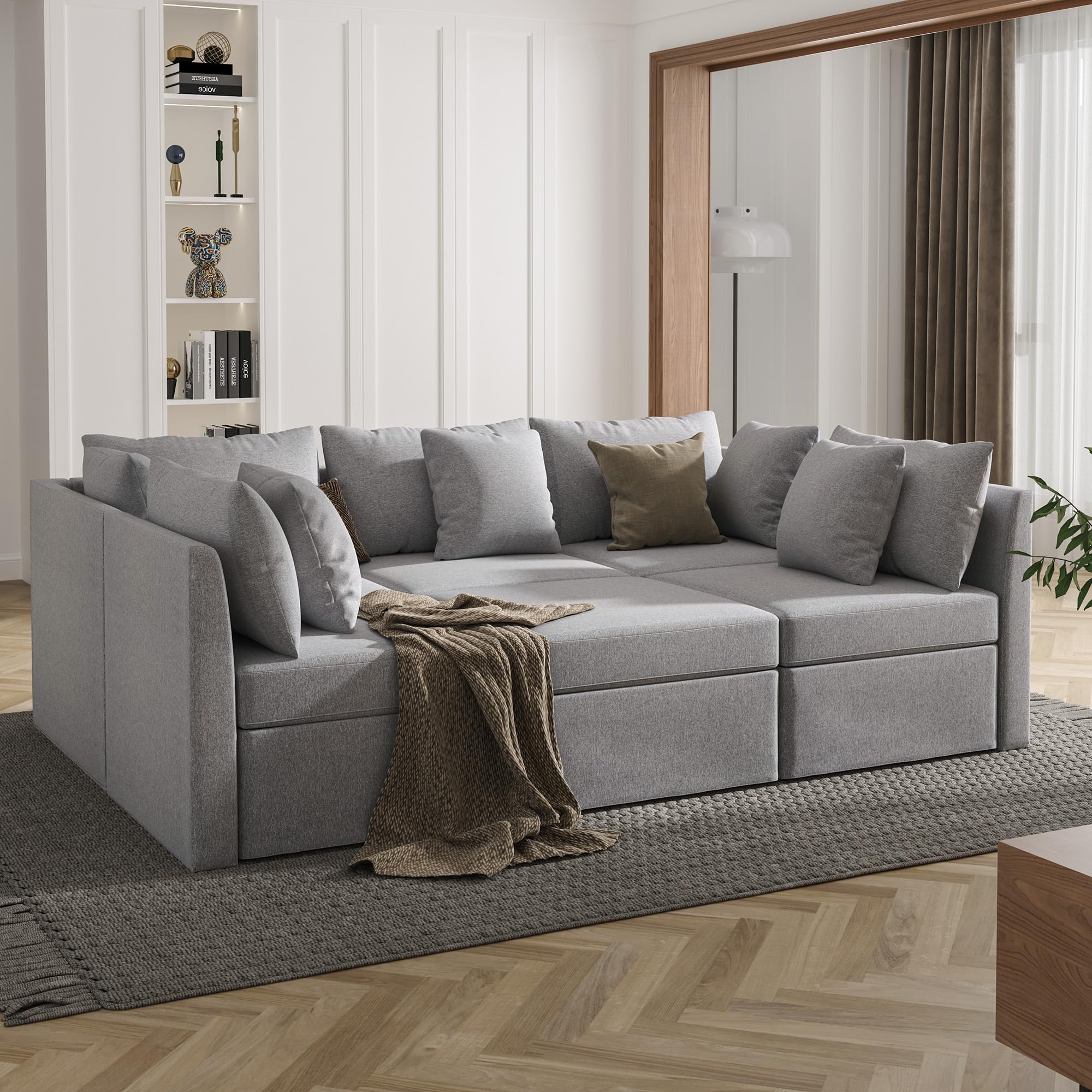 VOLUNCE Modular Sectional Sofa, Sectional Sleeper Sofa Bed with Storage Ottoman Throw Pillow, 5 Seat Sofa Set with Reversible Chaise, Convertible L Shaped Couch Sofa for Living Room, Light Gray