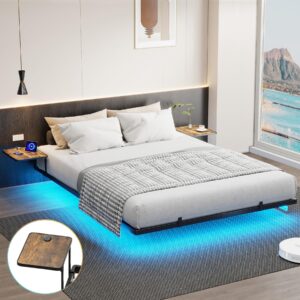 bigu floating bed frame with led lights metal platform with 2 bedside tables and charging station, queen