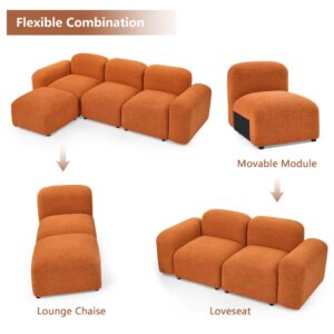 VEPXXP 94” Modular Sectional Sofa with Ottoman Modern Teddy Fleece 3 Seater Cloud Couch L Shaped Sofa Couch for Living Room, Office, Apartment, Orange