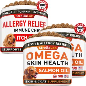 allergy relief + omega 3 dogs bundle - itchy skin treatment + allergy & itch relief - omega 3 & pumpkin - dogs itching & licking treats + relief skin&coat supplement - 540 chews - made in usa