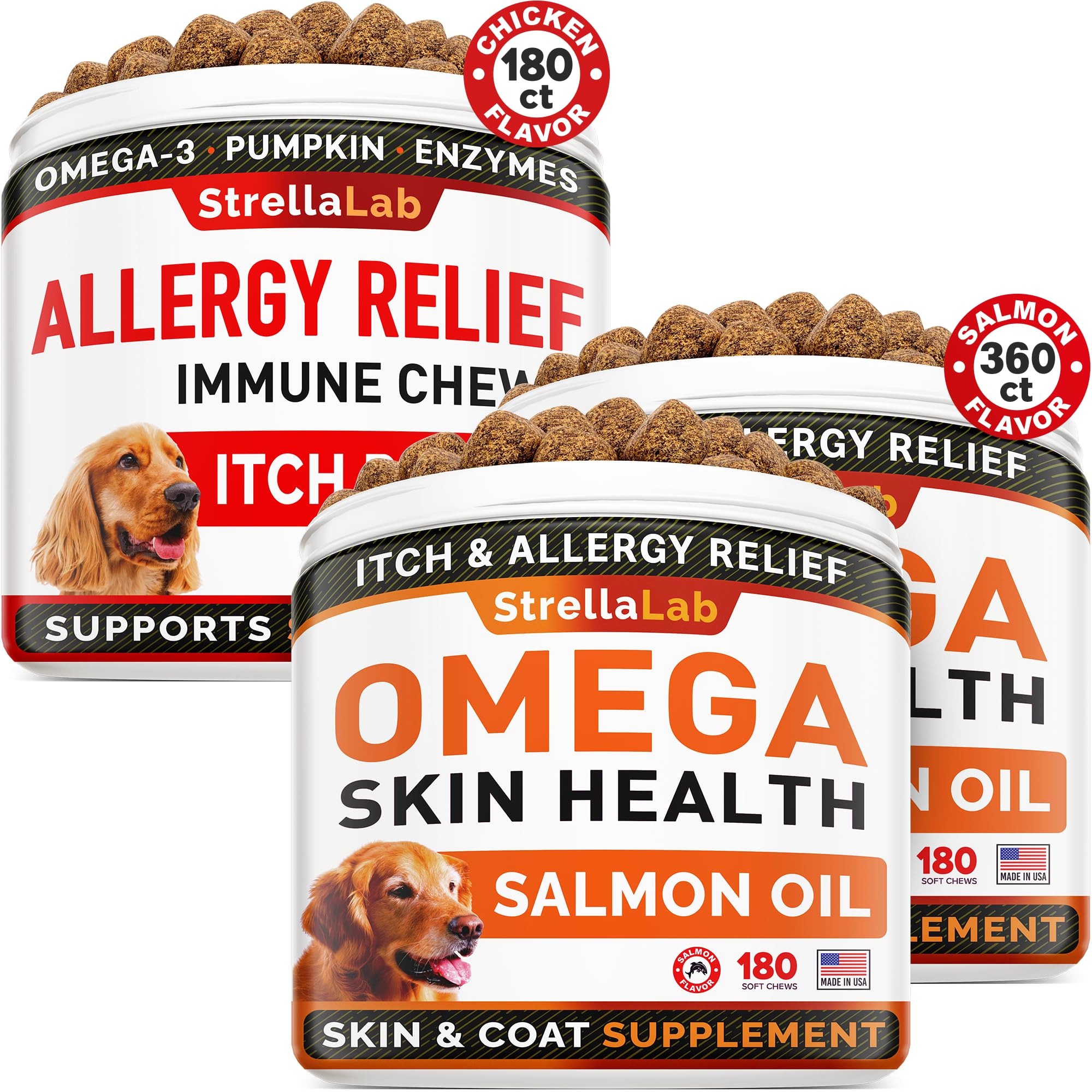 Allergy Relief + Omega 3 Dogs Bundle - Itchy Skin Treatment + Allergy & Itch Relief - Omega 3 & Pumpkin - Dogs Itching & Licking Treats + Relief Skin&Coat Supplement - 540 Chews - Made in USA