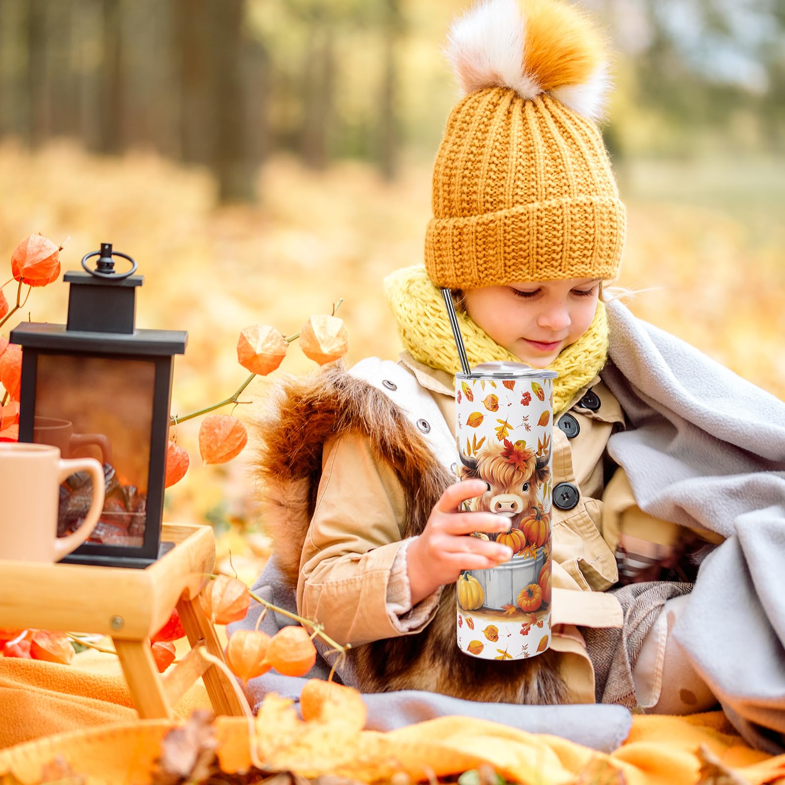 Whaline Highland Cow Tumbler with Lid and Straw Fall Pumpkin Leaves Cow Stainless Steel Cup Autumn Tumbler Cup for Fall Thanksgiving Decor Gift Supplies