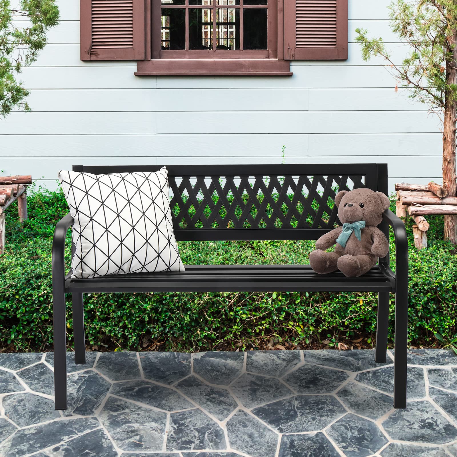 VINGLI Outdoor Bench Garden Bench, Metal Porch Bench w/PVC Back, Black Outdoor Bench Park Bench for Yard Lawn Decor Deck Entryway