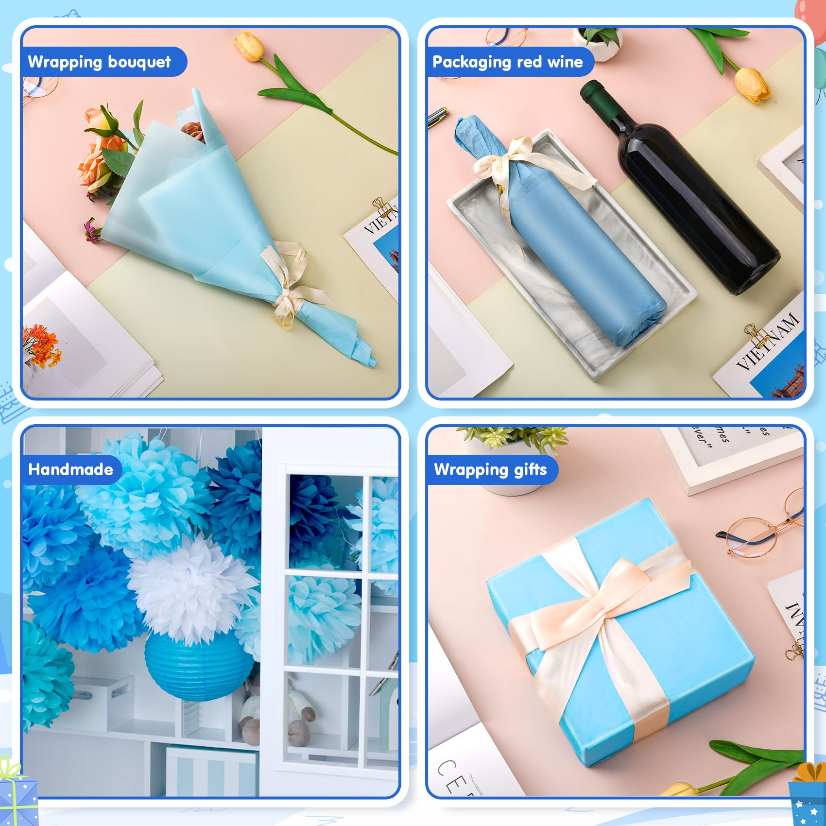 Hlonon 100 Sheets Blue Tissue Paper Bulk for Gift Bags, 20x12 Inches Tissue Paper Wrapping Paper Christmas Weddings Birthday Showers Arts Craft Party Favor Decoration